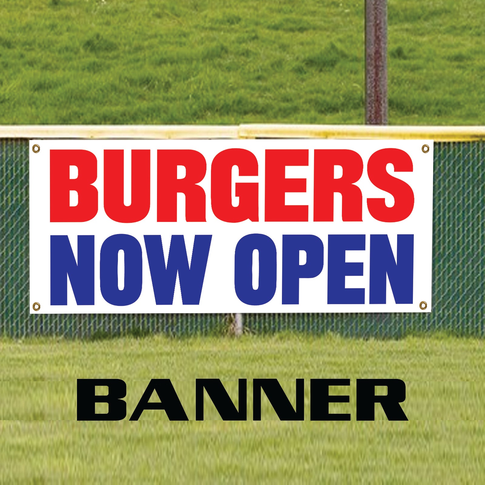 Burgers Now Open Vinyl Printed Banner Sign - Sign Fever