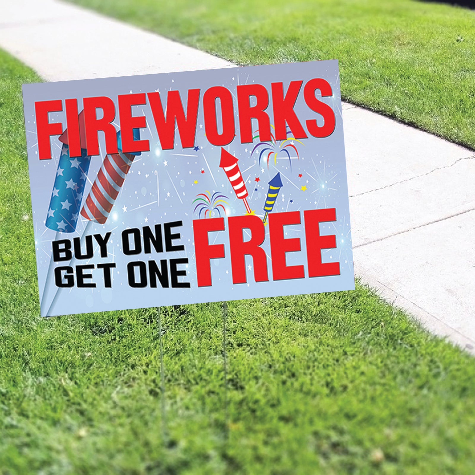 Fireworks Buy One Get One Free Coroplast Printed Yard Sign – Sign Fever