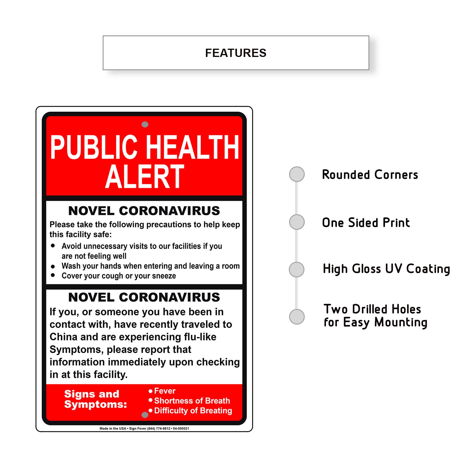 Public Health Alert Novel Coronavirus Symtoms | Aluminum Sign - Sign Fever