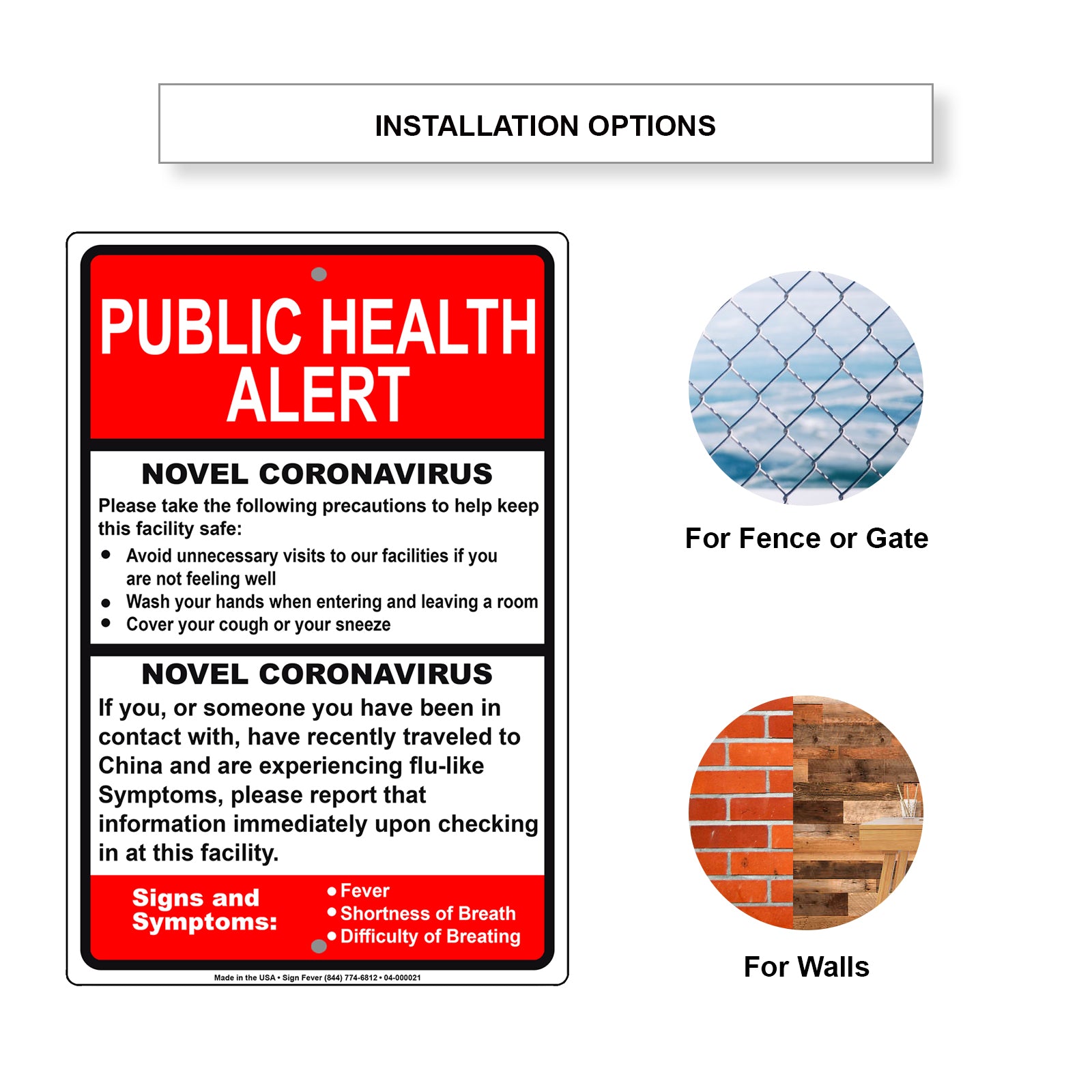 Public Health Alert Novel Coronavirus Symtoms | Aluminum Sign - Sign Fever
