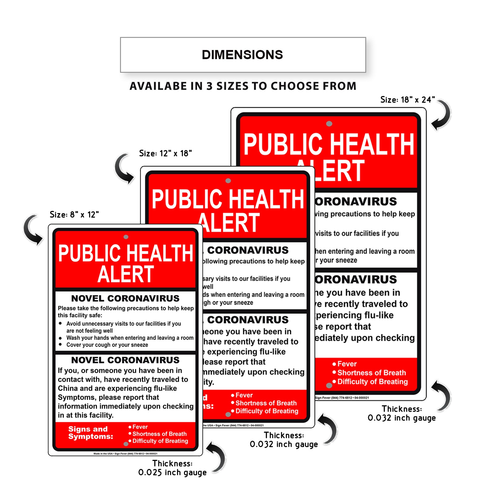 Public Health Alert Novel Coronavirus Symtoms | Aluminum Sign - Sign Fever