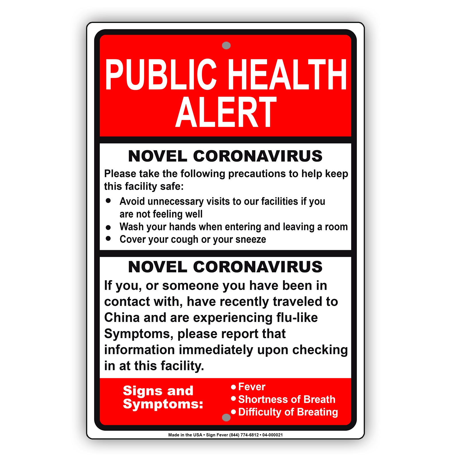 Public Health Alert Novel Coronavirus Symtoms | Aluminum Sign - Sign Fever